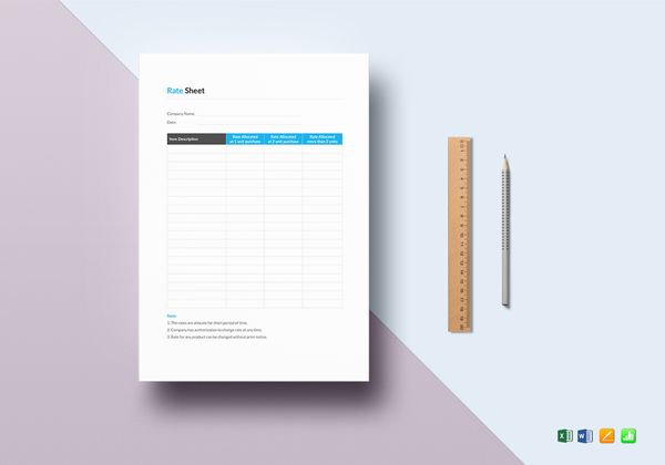 Rate Sheet Template in Word, Excel, Apple Pages, Numbers