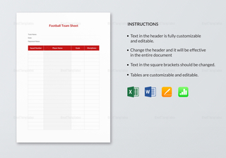 Football Team Sheet Template in Word, Excel, Apple Pages, Numbers