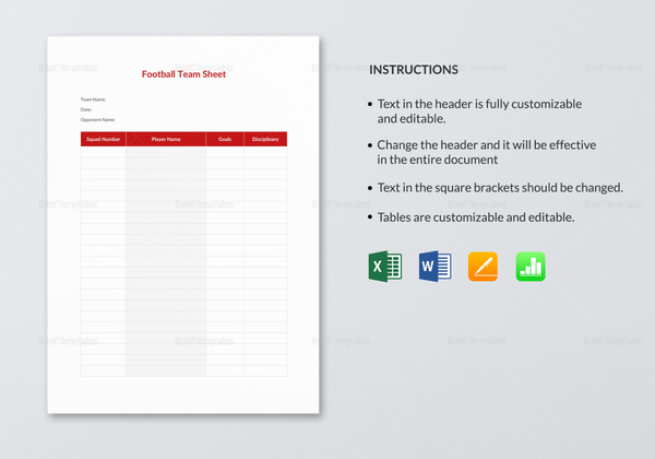 Football Team Sheet Template in Word, Excel, Apple Pages, Numbers