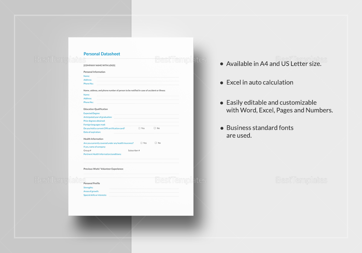 Personal Datasheet Template in Word, Excel, Apple Pages, Numbers