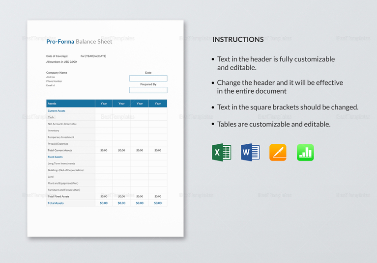 Proforma Balance Sheet Template in Word, Excel, Apple Pages, Numbers