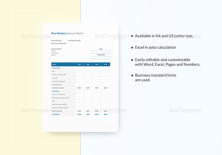 Proforma Balance Sheet Template in Word, Excel, Apple Pages, Numbers