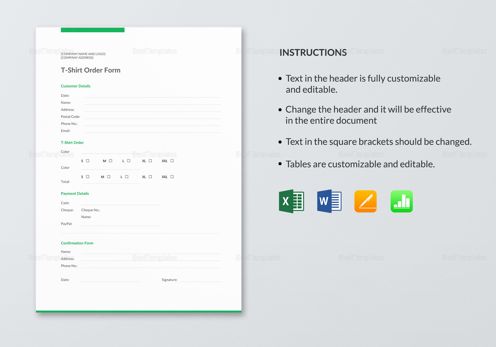 T Shirt Order Form Template in Word, Excel, Apple Pages, Numbers