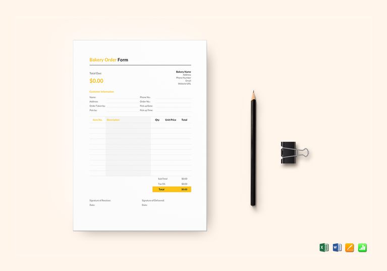 Bakery Order Template in Word, Excel, Apple Pages, Numbers