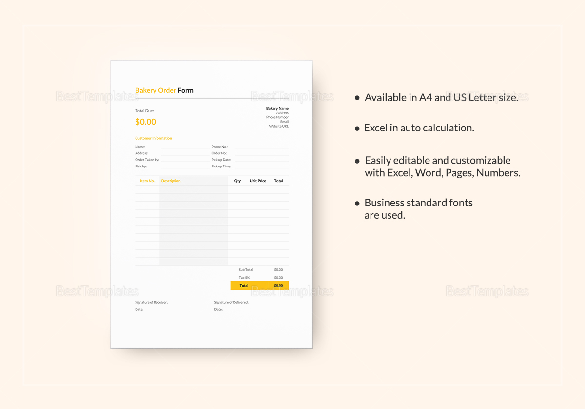 Bakery Order Template in Word, Excel, Apple Pages, Numbers