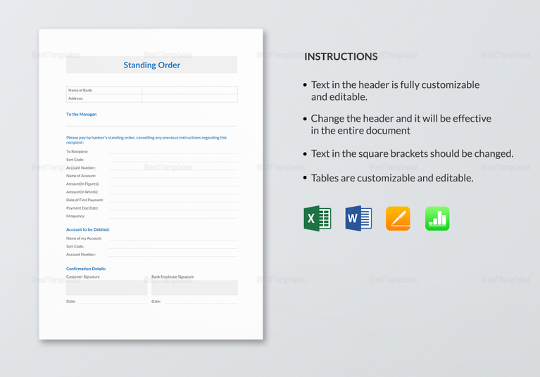 Standing Order Template in Word, Excel, Apple Pages, Numbers