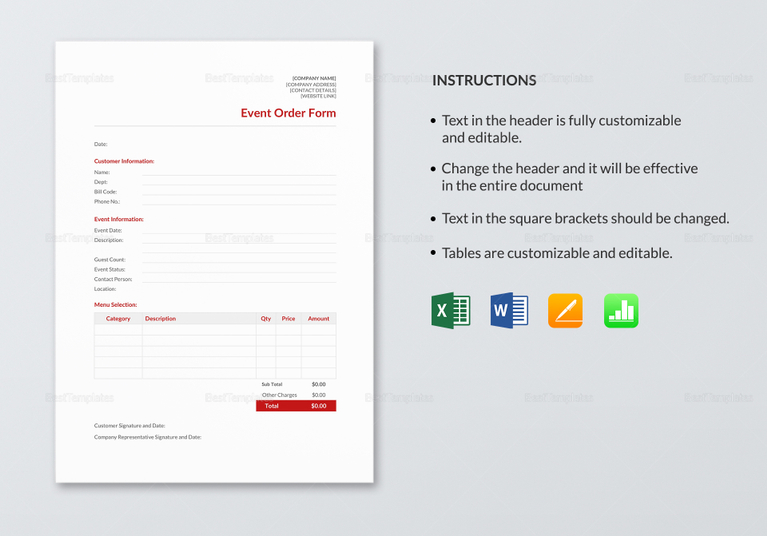 Event Order Template in Word, Excel, Apple Pages, Numbers