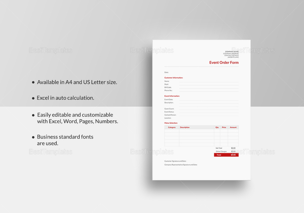 Event Order Template in Word, Excel, Apple Pages, Numbers