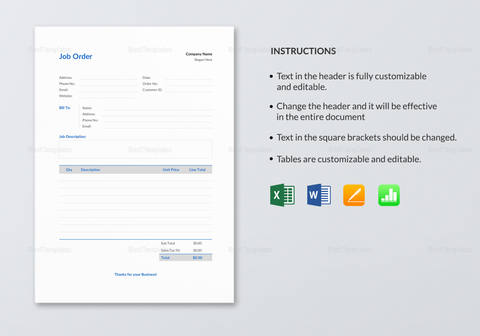 Job Order Template in Word, Excel, Apple Pages, Numbers