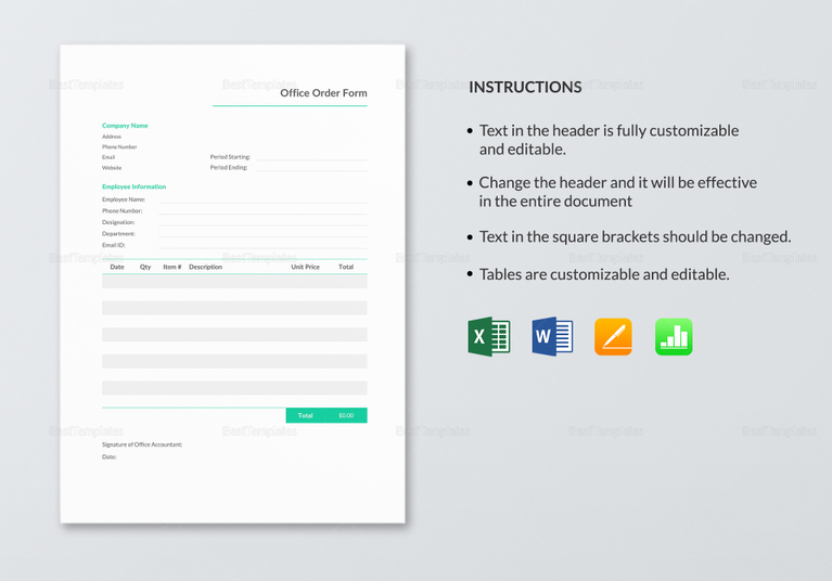 Office Order Template in Word, Excel, Apple Pages, Numbers