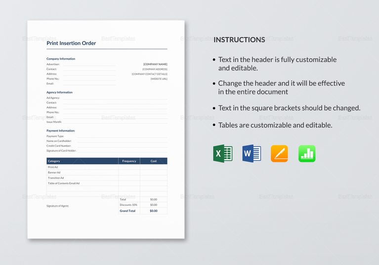 Print Insertion Order Template in Word, Excel, Apple Pages, Numbers