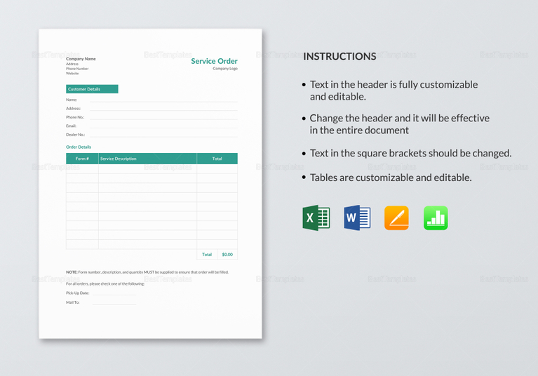 Service Order Template in Word, Excel, Apple Pages, Numbers