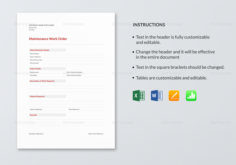 Maintenance Work Order Template in Word, Excel, Apple Pages, Numbers