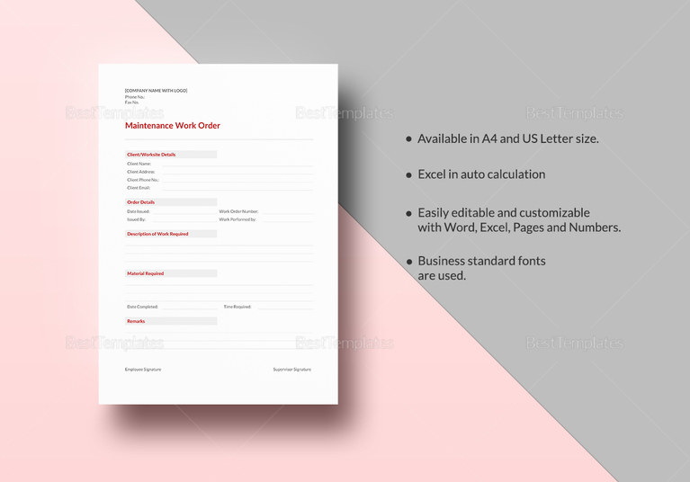 Maintenance Work Order Template in Word, Excel, Apple Pages, Numbers