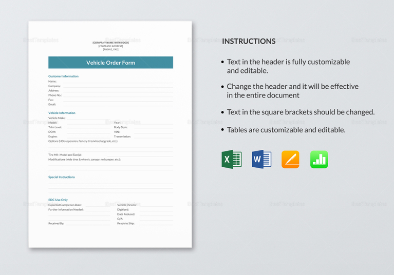 Vehicle Order Template in Word, Excel, Apple Pages, Numbers