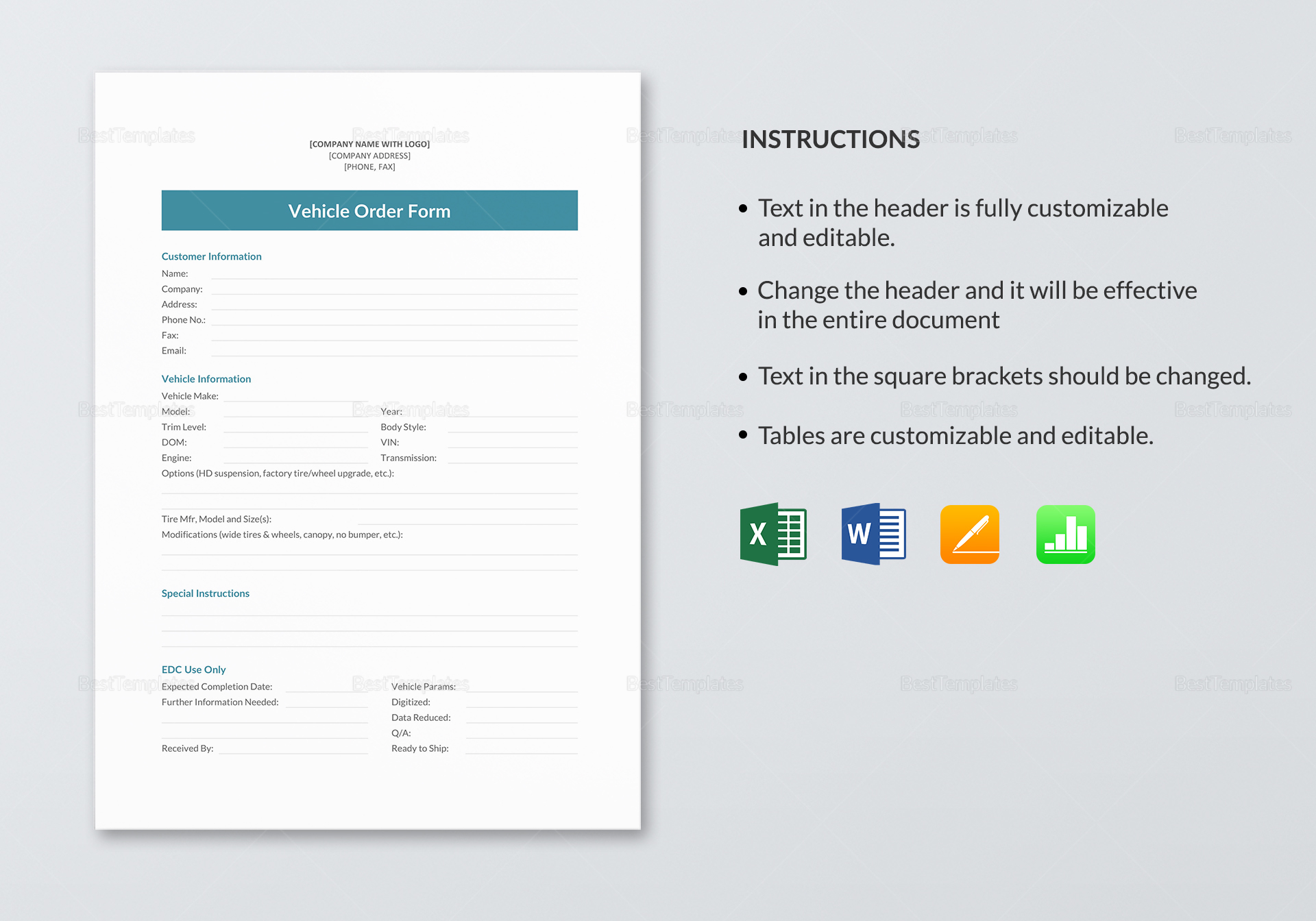 Vehicle Order Template in Word, Excel, Apple Pages, Numbers