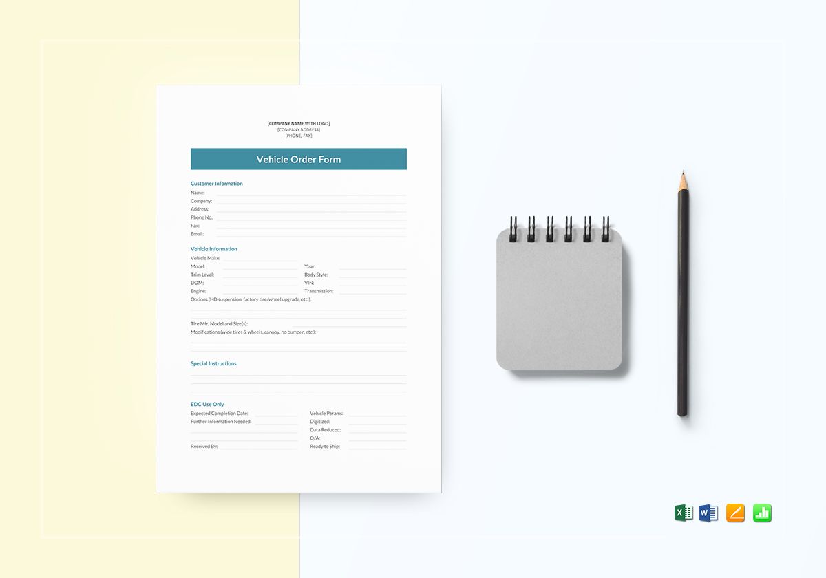Vehicle Order Template in Word, Excel, Apple Pages, Numbers