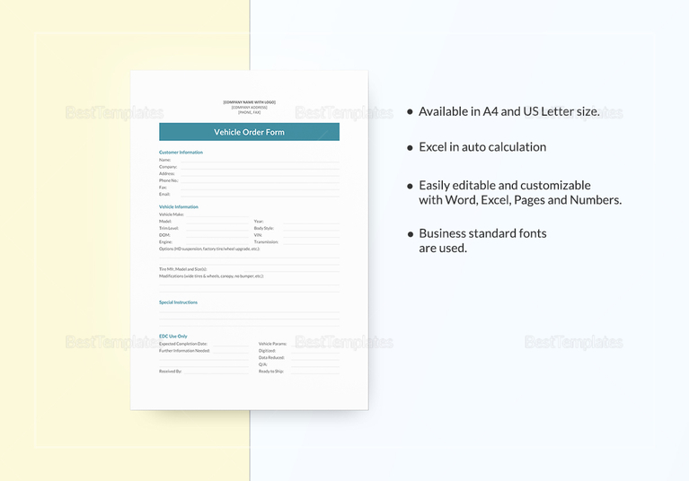 Vehicle Order Template in Word, Excel, Apple Pages, Numbers