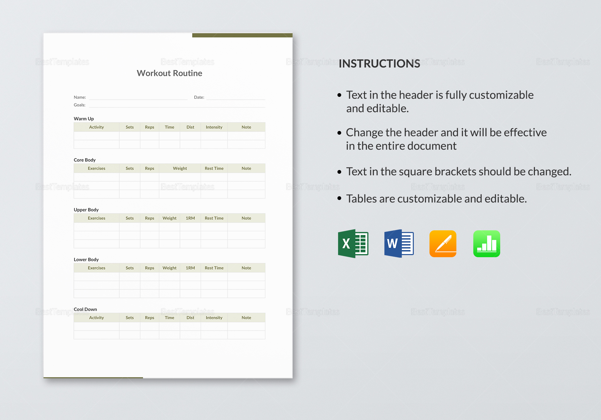Workout Routine Template In Word Excel Apple Pages Numbers