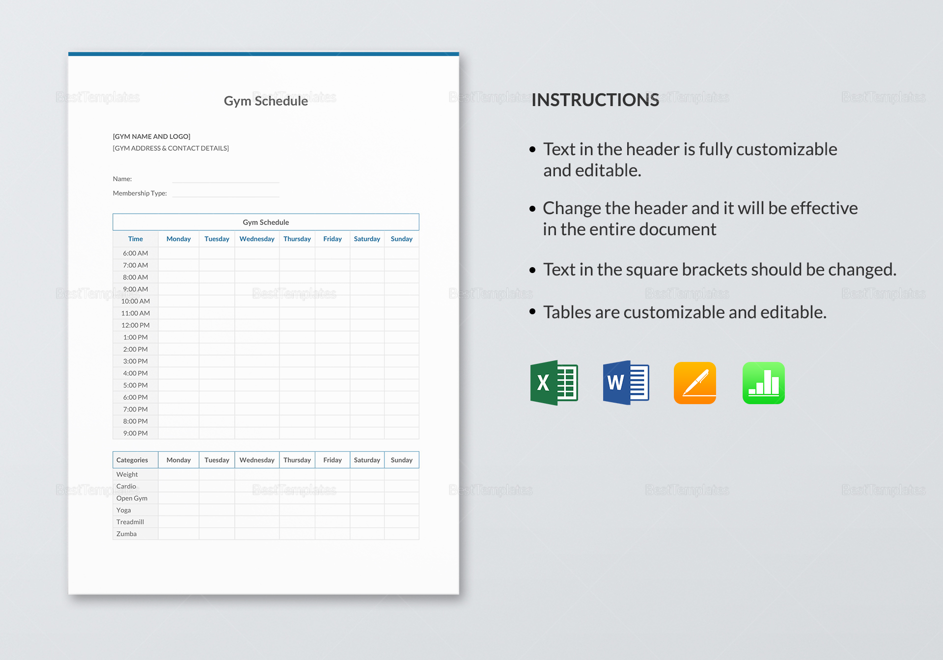 Gym Schedule Template In Word Excel Apple Pages Numbers