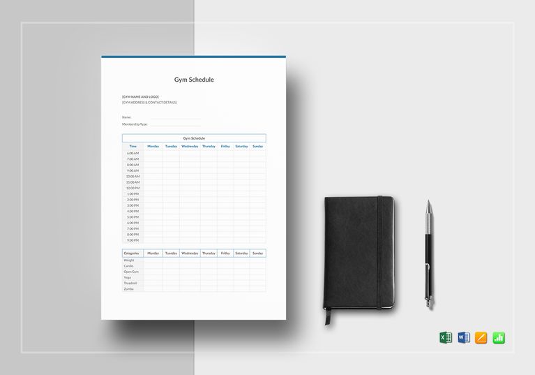 Gym Schedule Template in Word, Excel, Apple Pages, Numbers