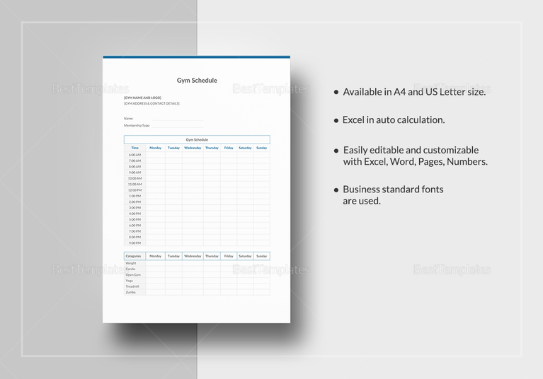 Gym Schedule Template in Word, Excel, Apple Pages, Numbers