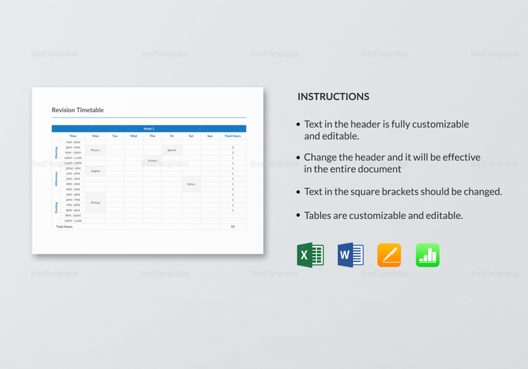 Revision Timetable Template in Word, Excel, Apple Pages, Numbers
