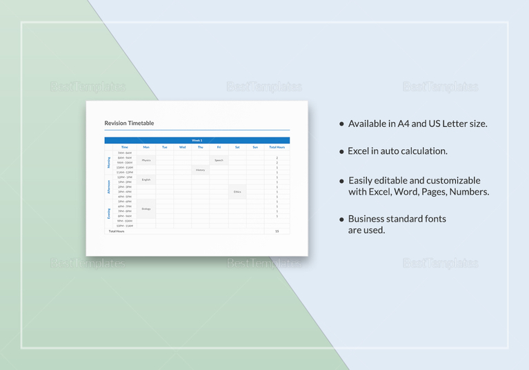 Revision Timetable Template in Word, Excel, Apple Pages, Numbers