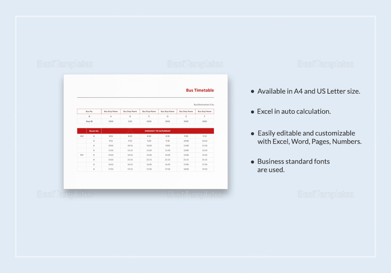 Bus Timetable Template in Word, Excel, Apple Pages, Numbers