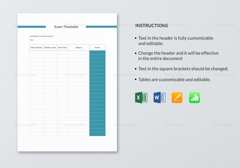 Exam Timetable Template in Word, Excel, Apple Pages, Numbers