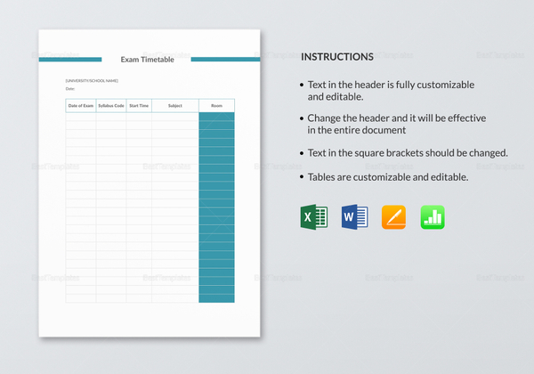 Exam Timetable Template in Word, Excel, Apple Pages, Numbers