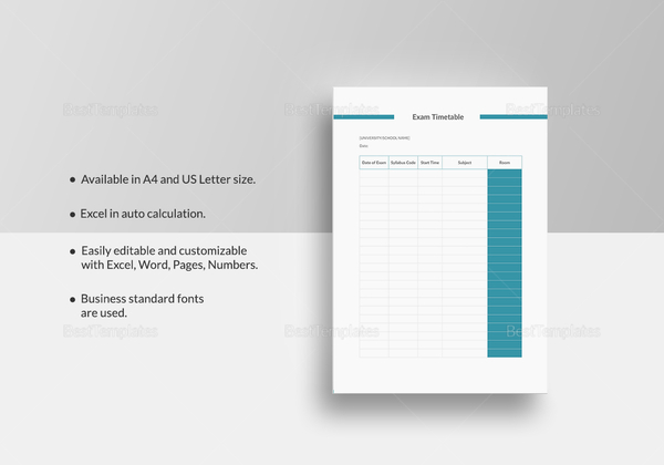 Exam Timetable Template in Word, Excel, Apple Pages, Numbers