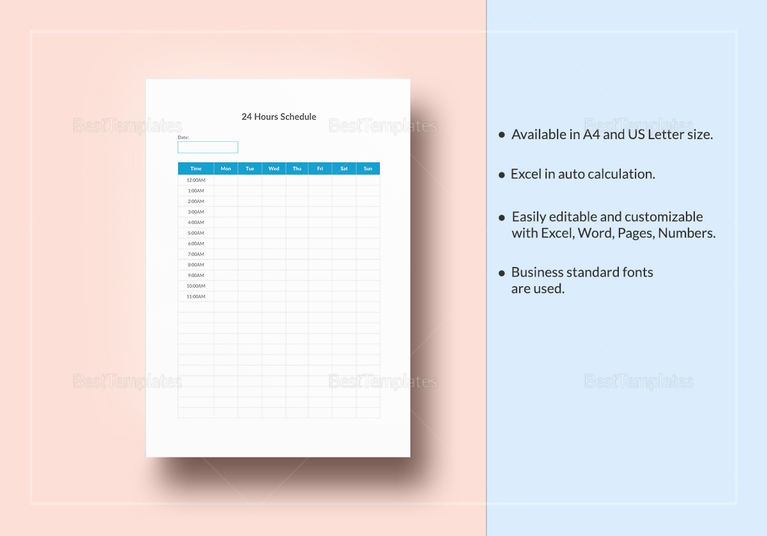 24 Hours Schedule Template in Word, Excel, Apple Pages, Numbers