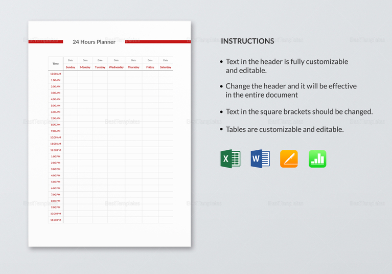 24 Hours Planner Template in Word, Excel, Apple Pages, Numbers