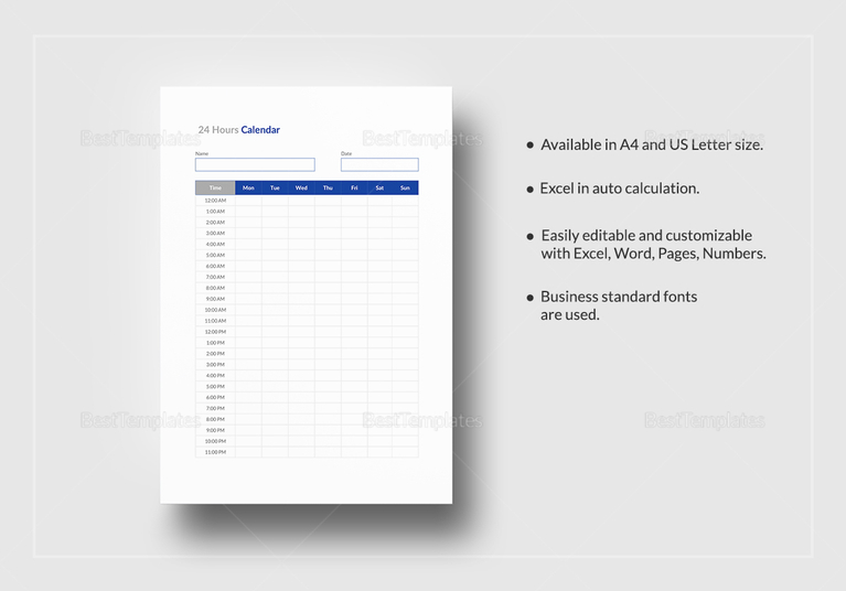 24 Hours Calendar Template in Word, Excel, Apple Pages, Numbers