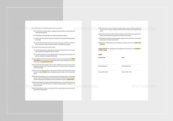 Personal Trainer Contract Template in Word, Apple Pages
