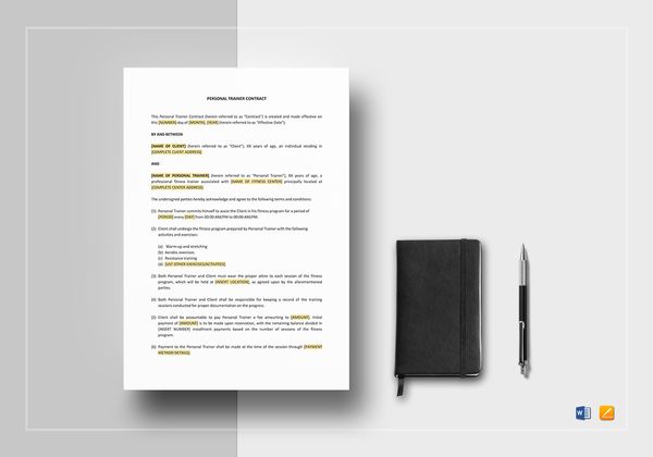 Personal Trainer Contract Template in Word, Apple Pages
