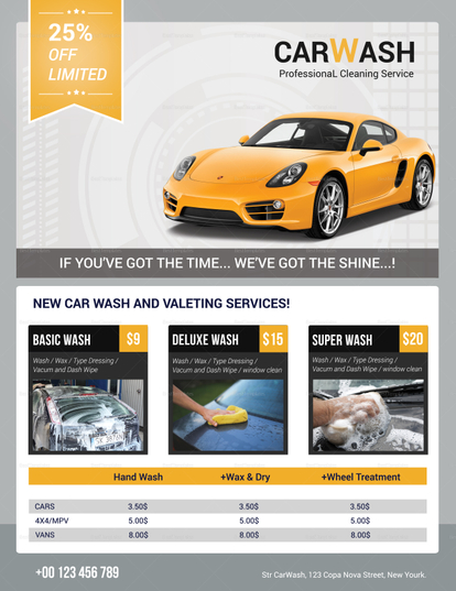 Car Wash And Valeting Service Flyer Design Template in Word, PSD, Publisher
