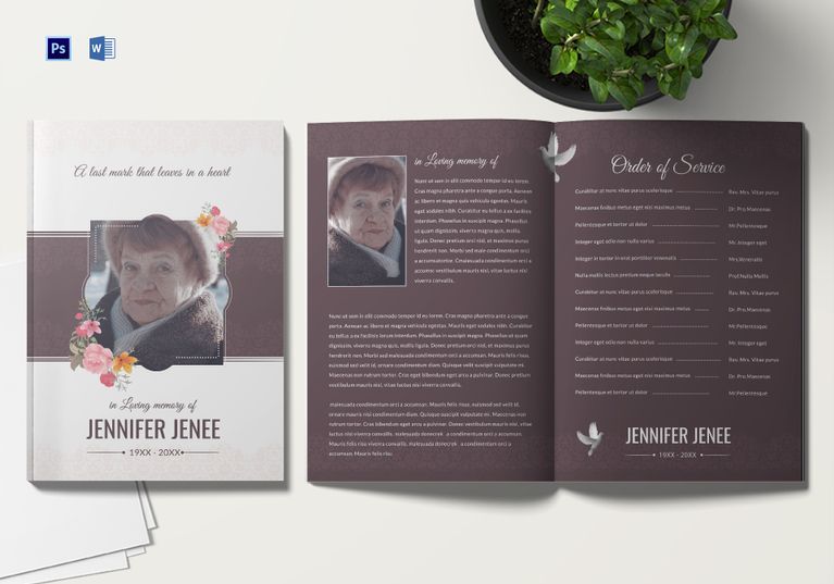 Floral Funeral Program Brochure Template in Adobe Photoshop, Microsoft Word