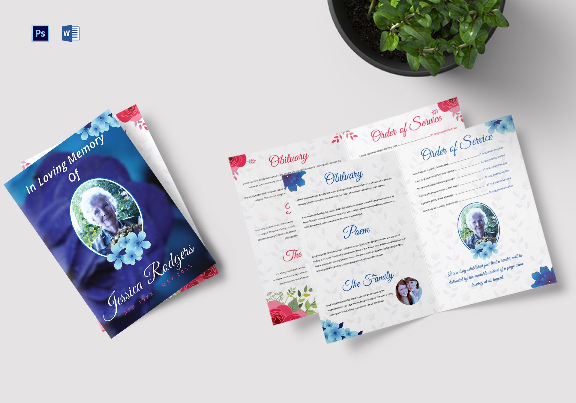 Blue and Red Funeral Program Template in Adobe Photoshop, Microsoft Word
