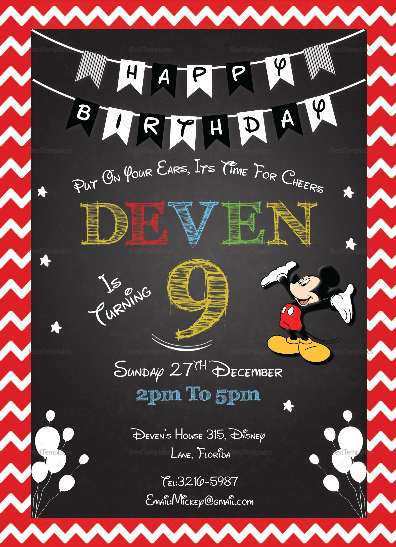 Mickey Mouse Chalkboard Invitation Card Design Template in Word, PSD ...