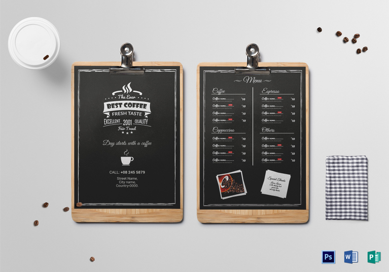 Coffee Menu Design Template in PSD, Publisher, Word