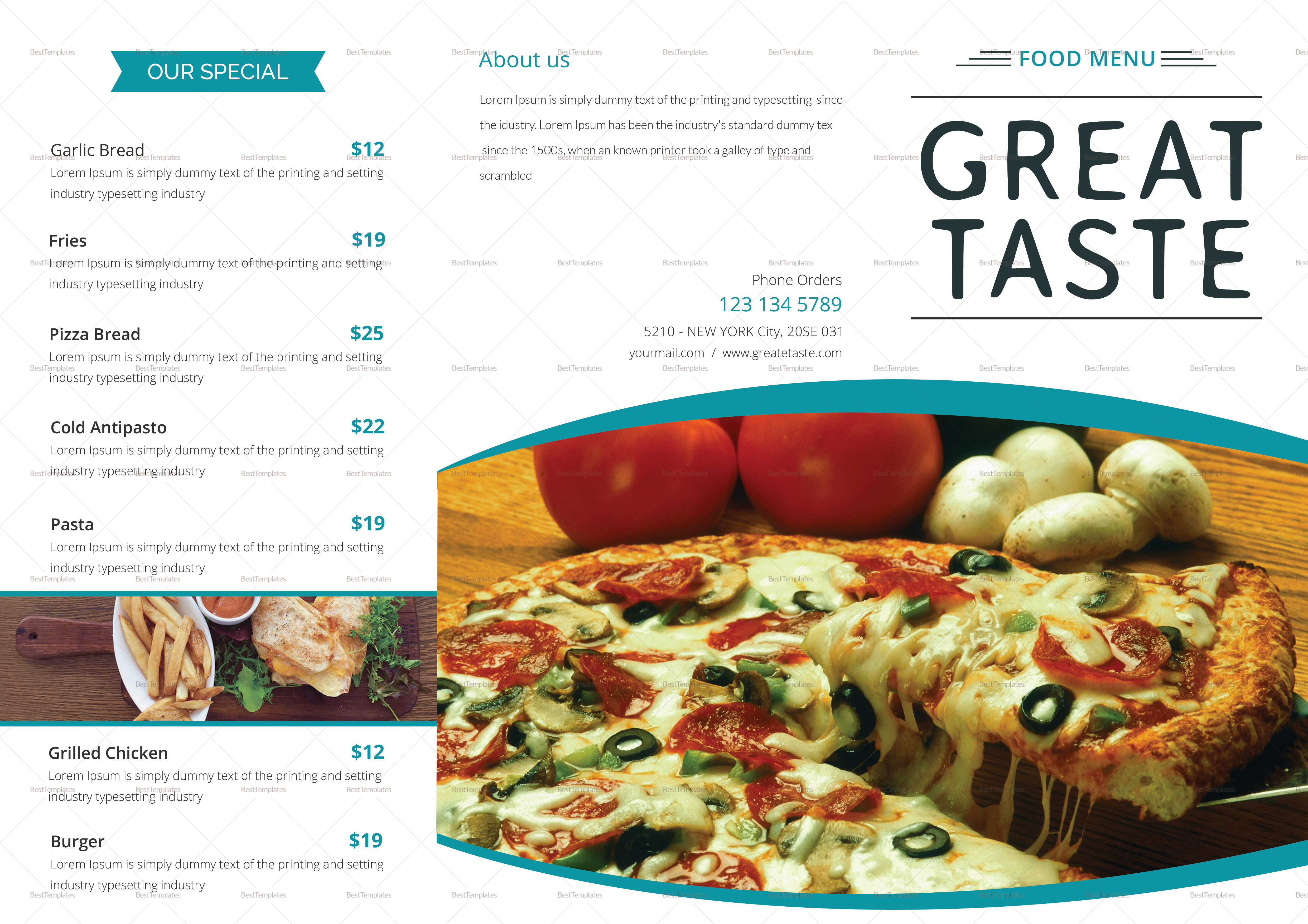 Trifold Food Menu Design Template In PSD Word Publisher