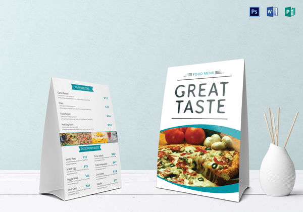 Restaurant Food Table Tent Menu Template in PSD, Word, Publisher