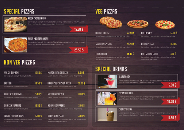 Pizza Menu Bifold Design Template in PSD, Word, Publisher