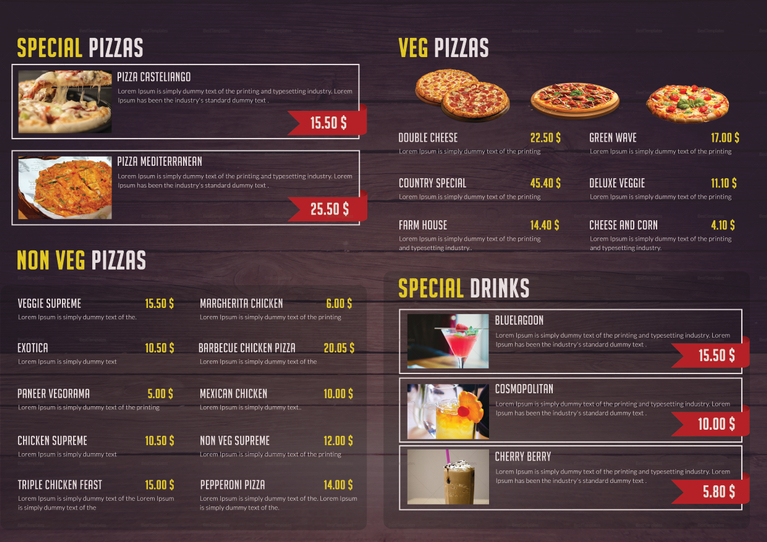 Pizza Menu Bifold Design Template in PSD, Word, Publisher