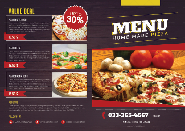 Pizza Menu Bifold Design Template in PSD, Word, Publisher