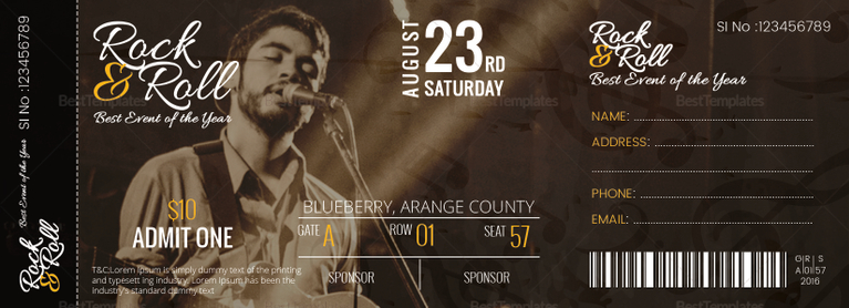 Musical Concert Ticket Design Template in PSD, Word, Pages, Publisher