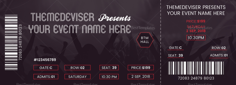 Sample Concert Ticket Design Template in PSD, Word, Publisher, Pages