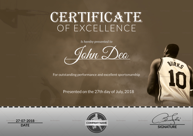 Basketball Award Certificate Design Template in Word, PSD
